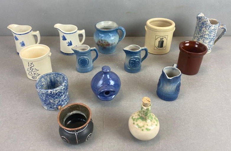 Group Of 14 Modern Miniature Souvenir Stoneware Pitchers And More