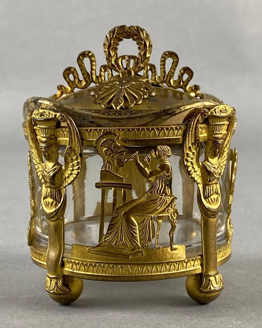 Antique Brass Grecian Clear Crystal Trinket Box Auction