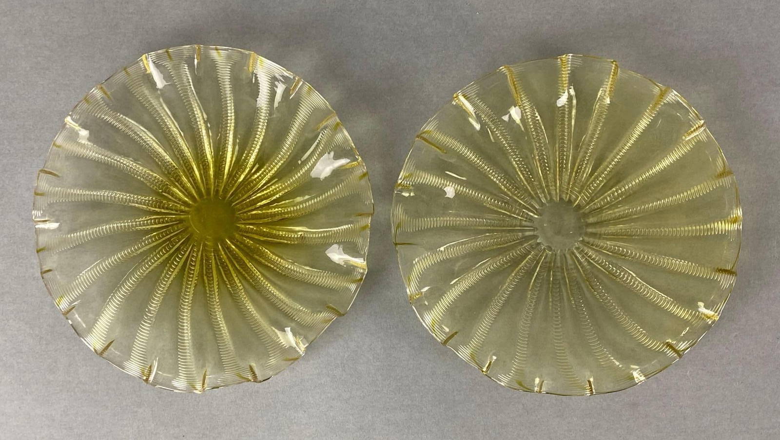 Group Of 2 Yellow Embossed Ribbed Glass Underplates Auction