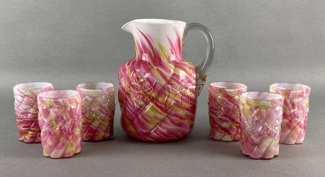 Northwood Royal Ivy Rainbow Splatter Glass Pitcher And Glasses Set Auction