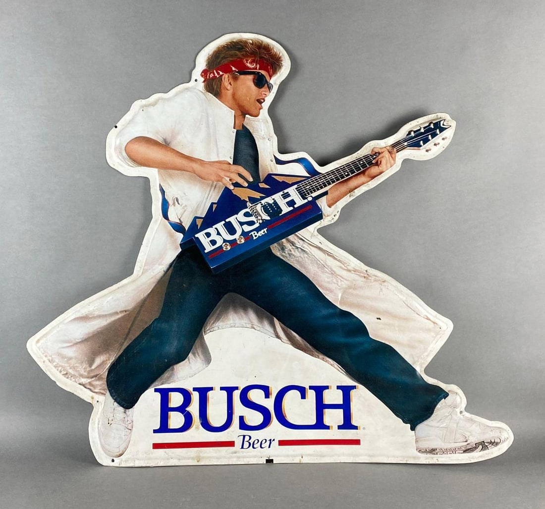 1990 Busch Guitar Player Metal Advertising Beer Sign Auction