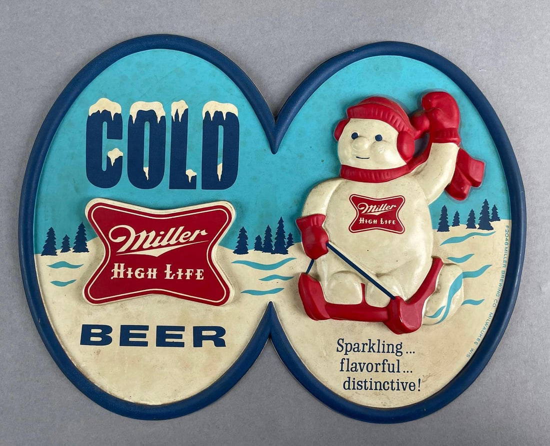 Vintage Miller High Life Beer Snowman Advertising Sign Insert Auction