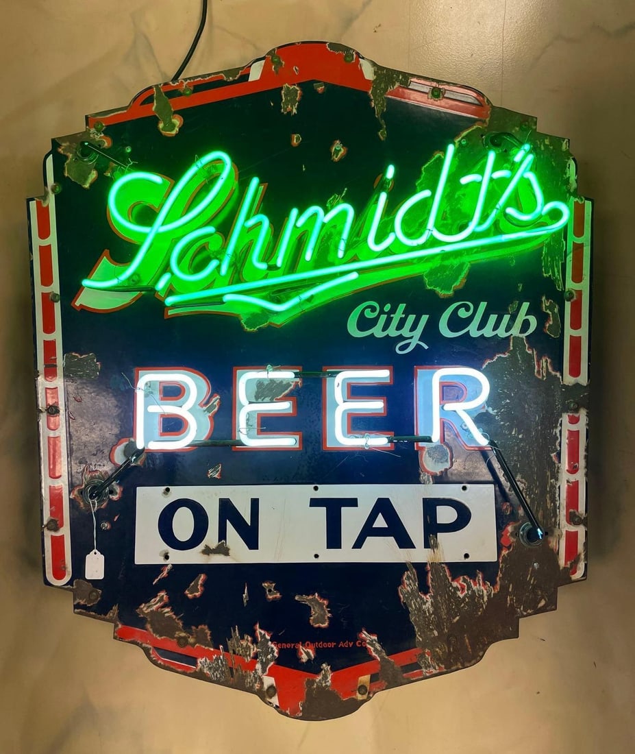Vintage Schmidts City Club Beer Porcelain Neon Advertising Sign Auction