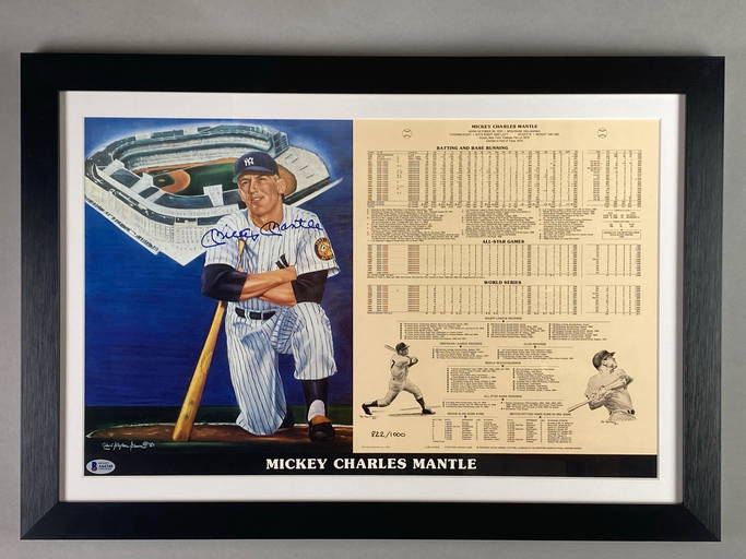 Framed Mickey Mantle Signed Stats Poster With Coas