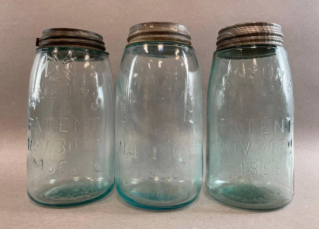 Group Of 3 Masons 1858 Quart Fruit Jars With Lids Auction