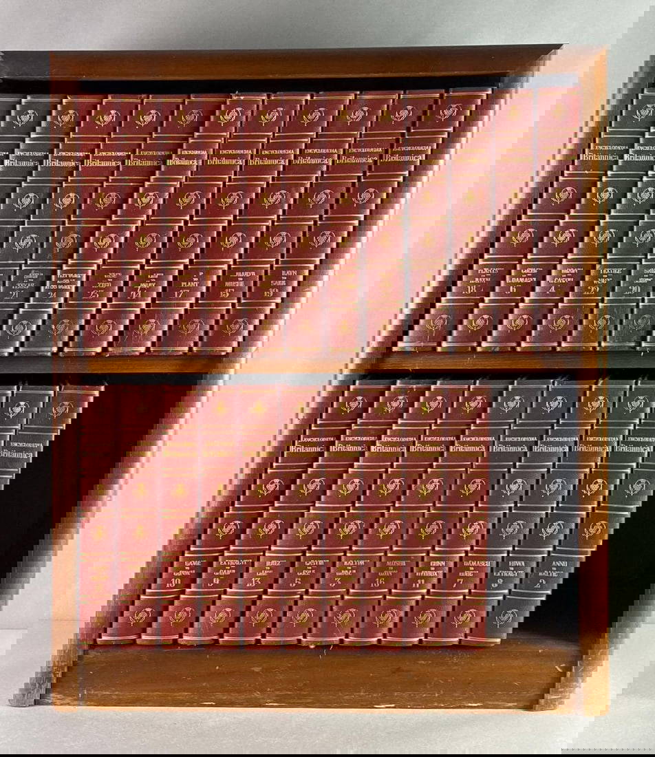 Group Of 20+ Encyclopedia Britannica Books And Custom Bookshelf Auction