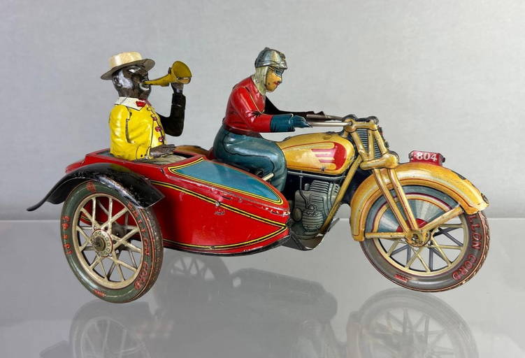 Vintage Paya Tin Litho Touring Motorcycle With Side Car