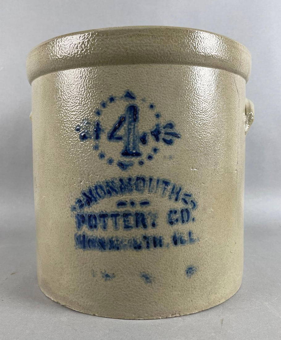 Monmouth Pottery Co. Stoneware 4 Gallon Crock With Cobalt Stamp Auction