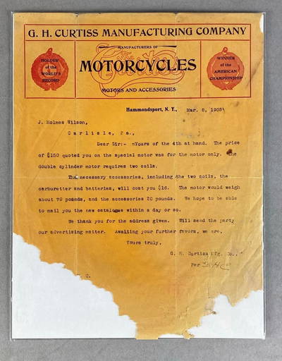 1905 Gh Curtiss Manufacturing Co. Motorcycles Letter