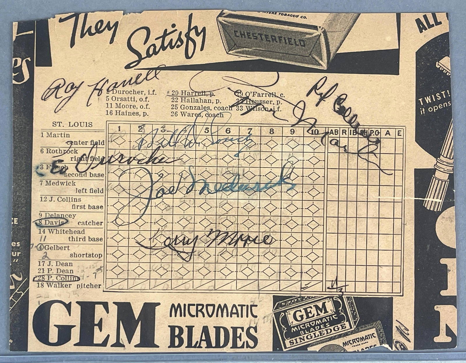 1935 St. Louis Cardinals Gas House Gang Signed Scorecard With 7 ...