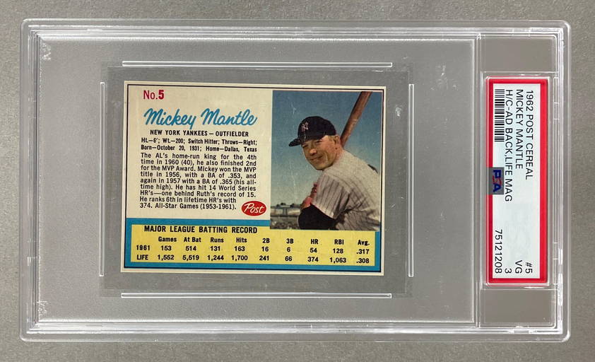 1962 Post Cereal Mickey Mantle #5 Psa 3