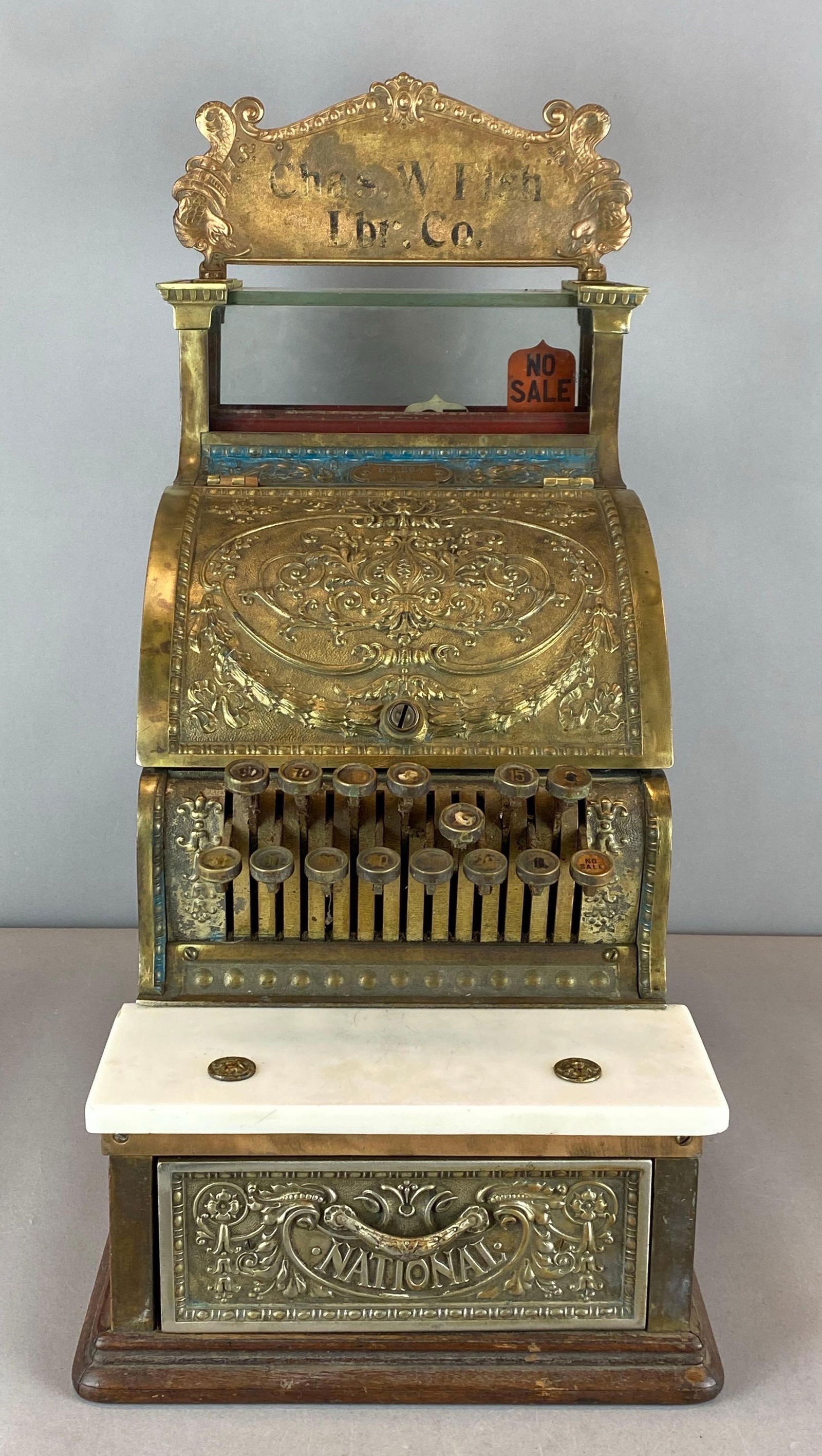 Antique Chas W Fish Lbr. Co. Brass National Cash Register Auction