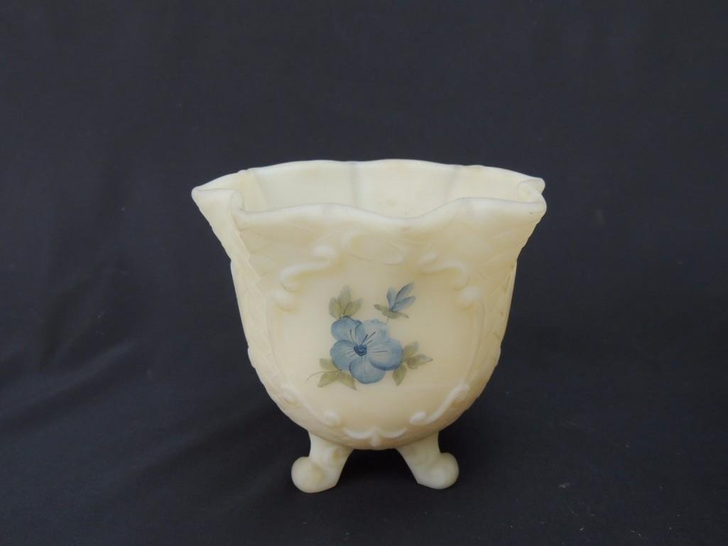 Fenton Hand Painted Signed Scroll Footed Custard Glass