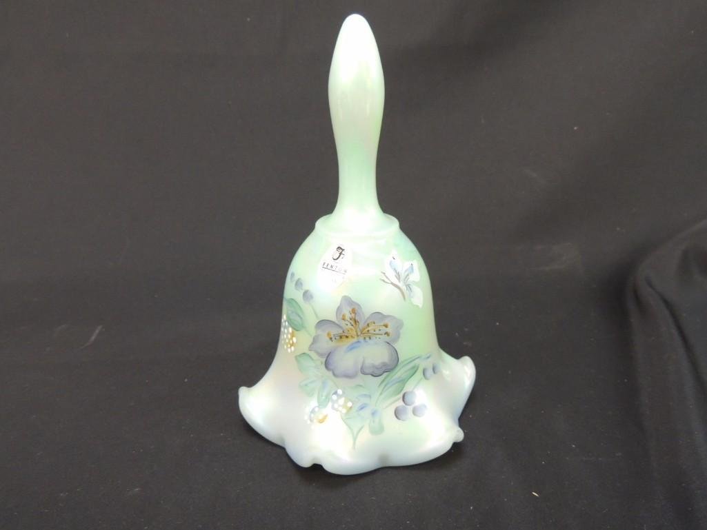 Fenton Hand Painted Signed Green Custard Glass Ruffled