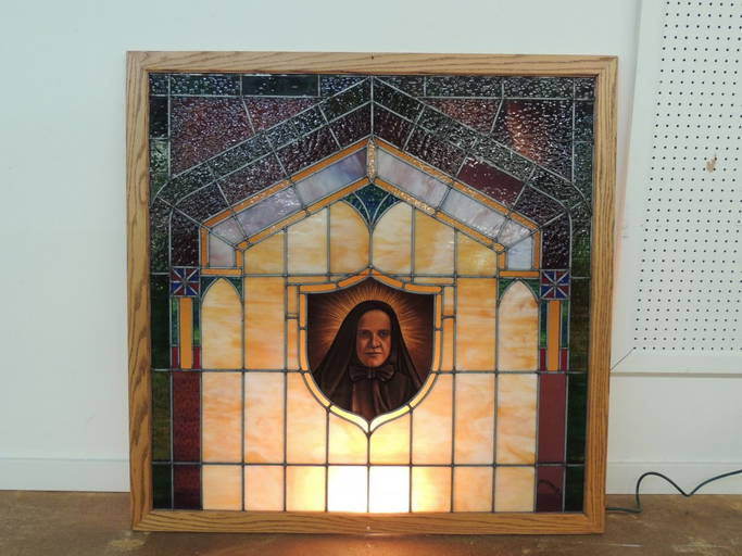 Antique Stained Glass Window Featuring Nun In Oak Frame
