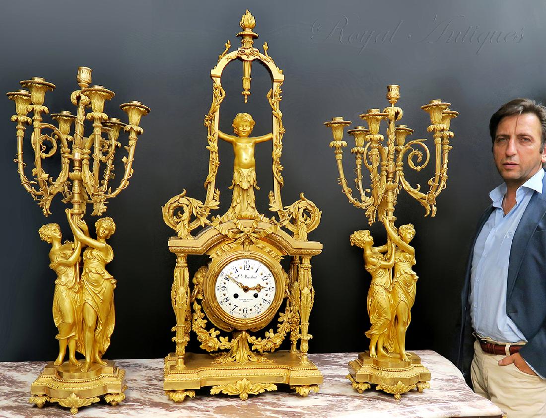 Monumental Mercury Gilt Bronze Figural Clock Set