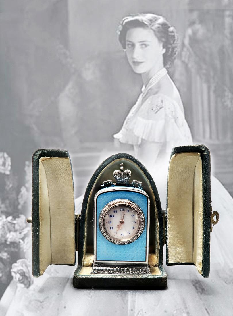 Authentic Russian Faberge Silver Jeweled Enamel Clock