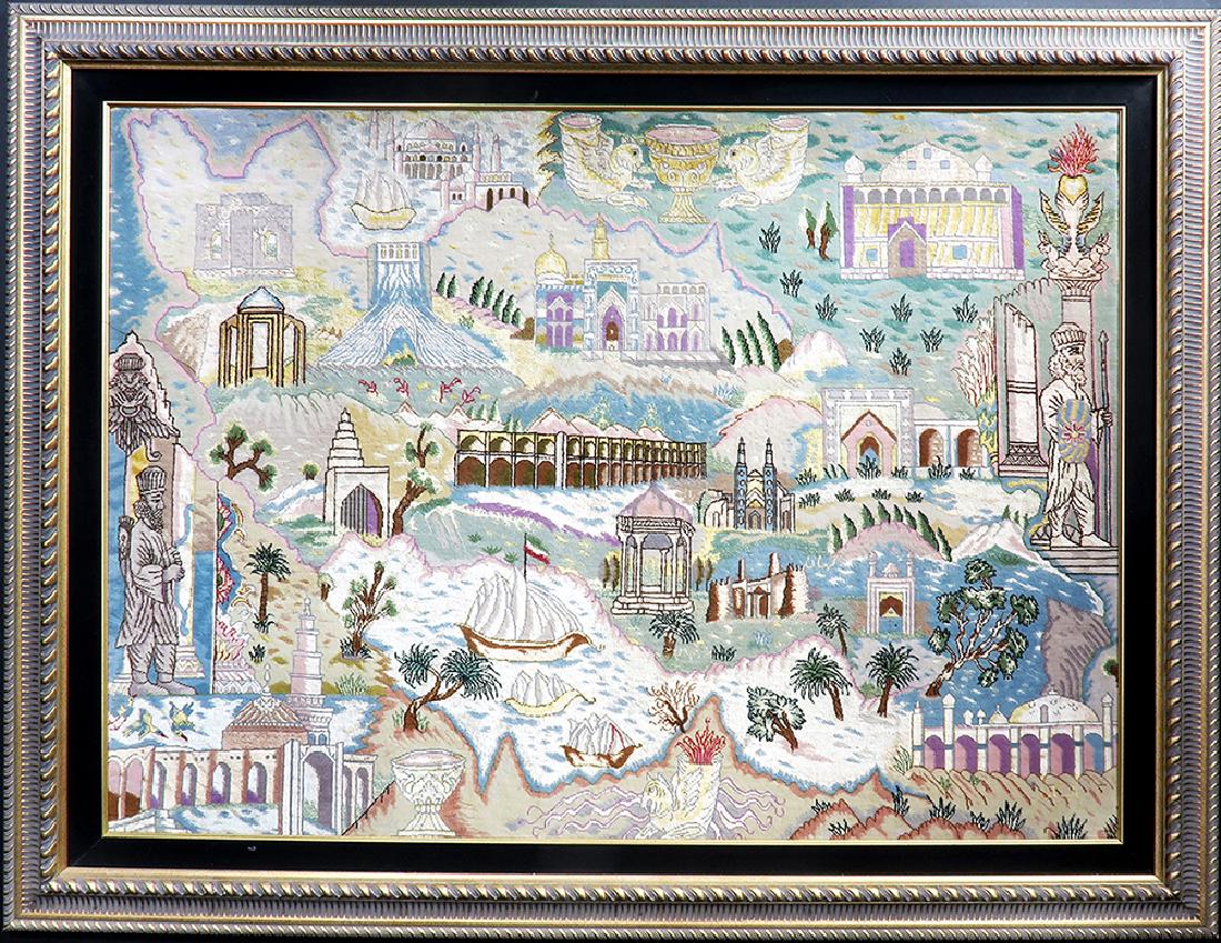 A Large Framed "Iran Map" Persian Rug from Tabriz