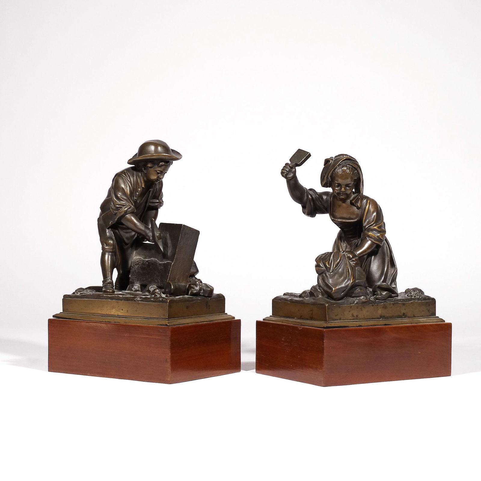 Pair Bronze Figures: Boy & Girl