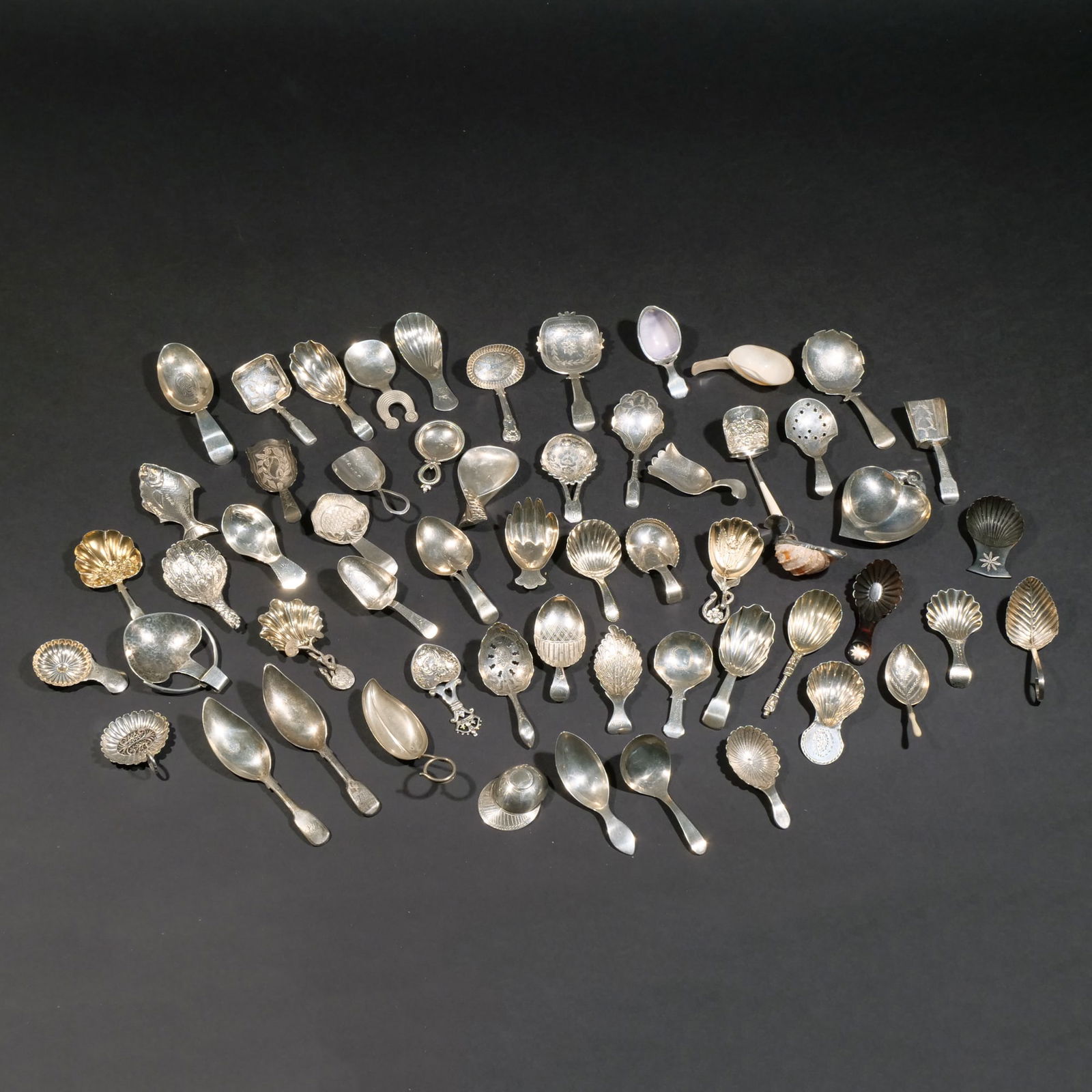(57pc) Mostly Georgian & Victorian Silver Caddy Spoons Auction