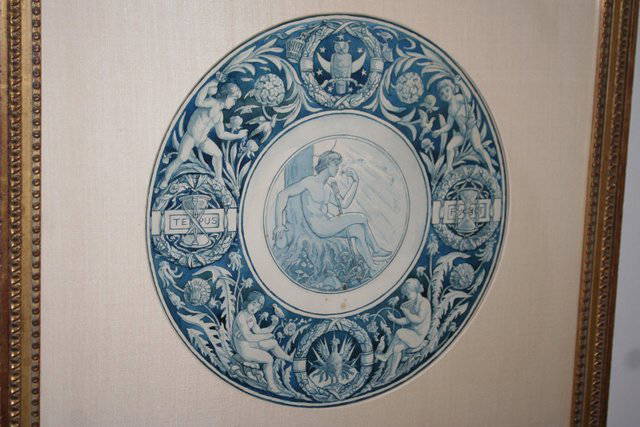 544) Blue & White Drawing In Tondo, "tempus Fugit",