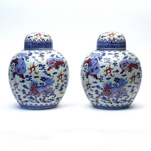 Pair Chinese 'buddhist Lion' Jars & Covers