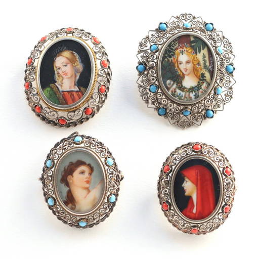 (4pc) Silver And Enamel Portrait Pins