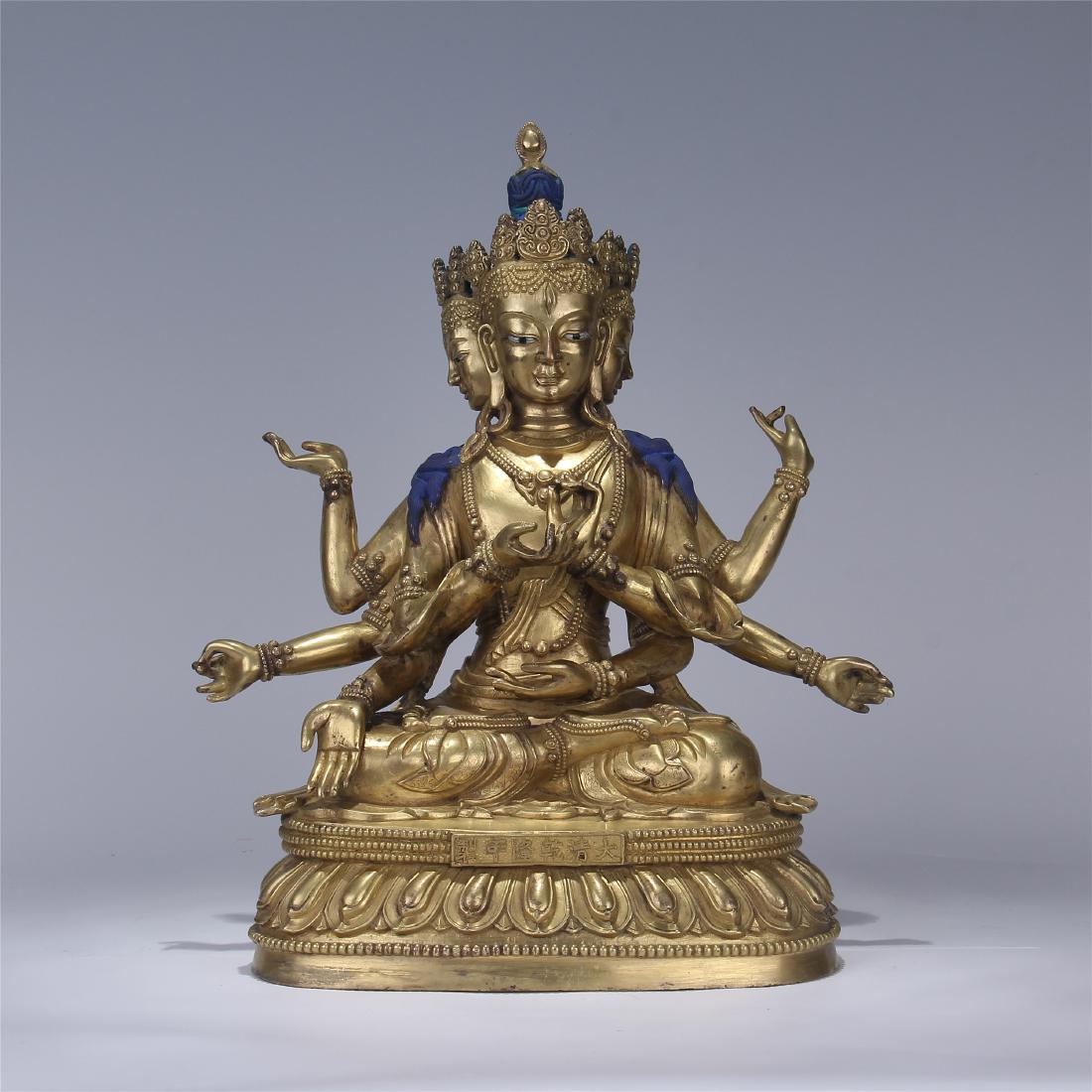 CHINESE GILT BRONZE SEATED THREE FACE BUDDHA