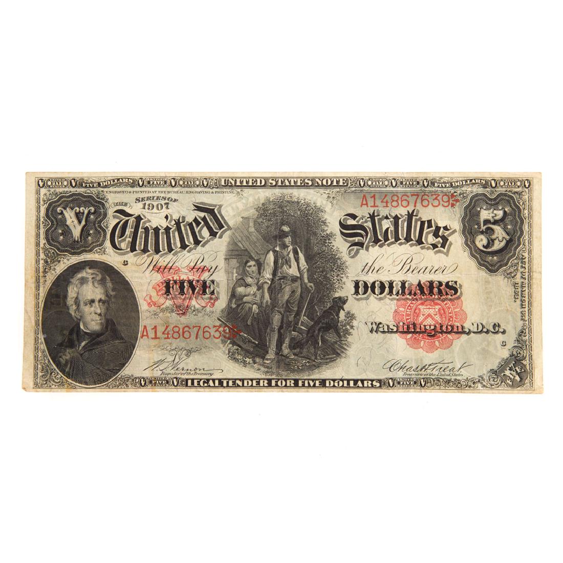 [us] 1907 $5 Legal Tender Note "woodchopper" F/vf