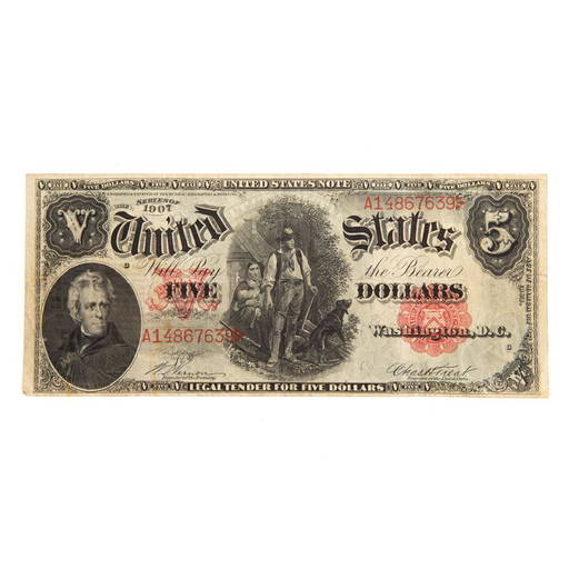 [us] 1907 $5 Legal Tender Note "woodchopper" F/vf