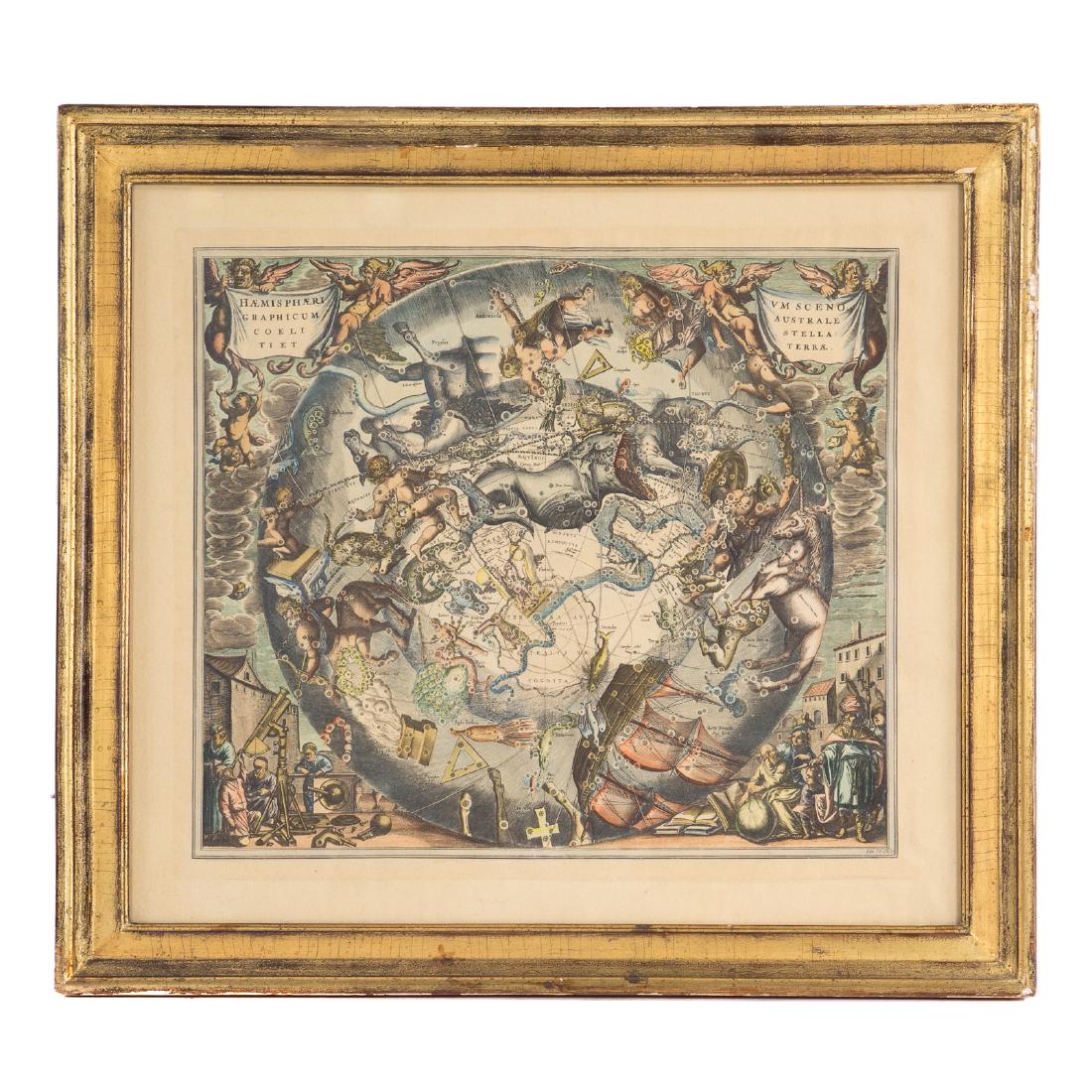 Haemisphaeri Graphicum Coeli Tiet color engraving