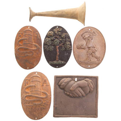 Four Cast Iron Fire Marks & Brass Fire Trumpet