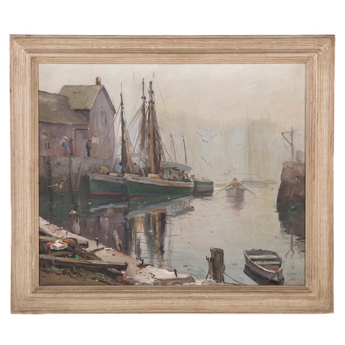 Otis Cook. Rockport Harbor In The Fog, Oil