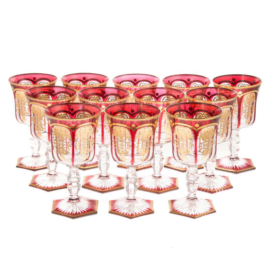 12 Bohemian Ruby Cut To Clear Glass Water Goblets
