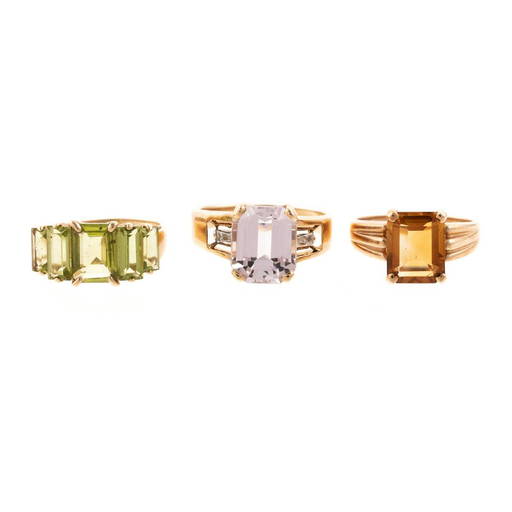 A Trio Of Large Gemstone Rings In Gold