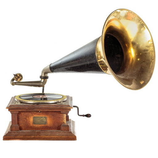 Victor V Oak Phonograph With Brass Bell Horn