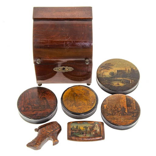 Six English Snuff Boxes & Mahogany Box