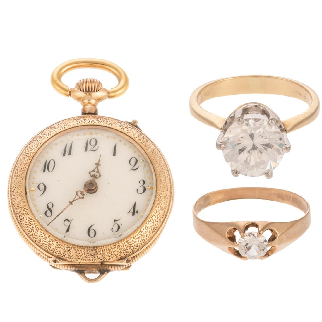 A Swiss Pocket Watch In 14k & Two Gemstone Rings