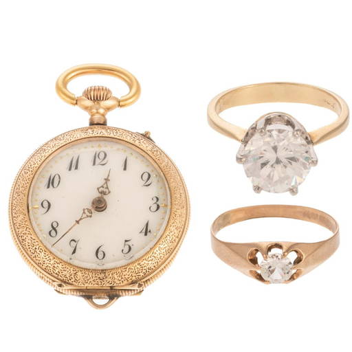 A Swiss Pocket Watch In 14k & Two Gemstone Rings