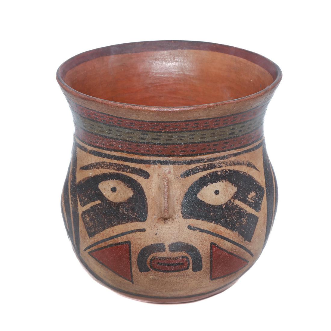 Nazca Painted Earthenware Trophy Head Vessel Auction