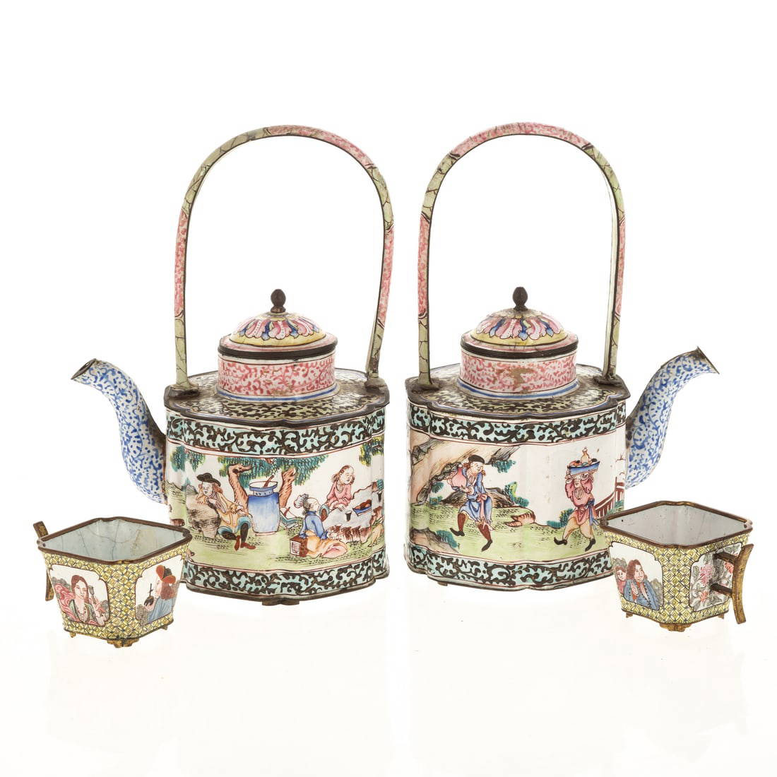 A Pair Of Canton Enamel Teapots & Cups Auction
