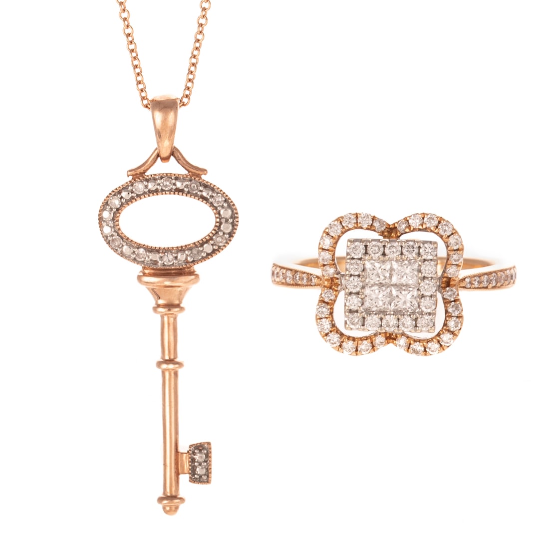A Rose Gold Diamond Ring & Key Pendant In Gold Auction