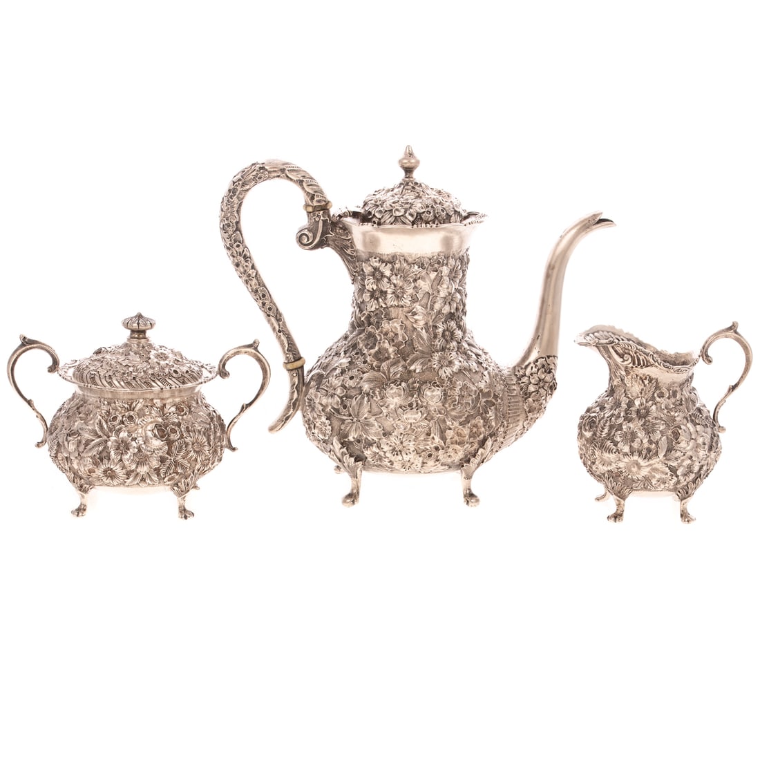 Assembled Three-piece Sterling Repousse Coffee Set Auction
