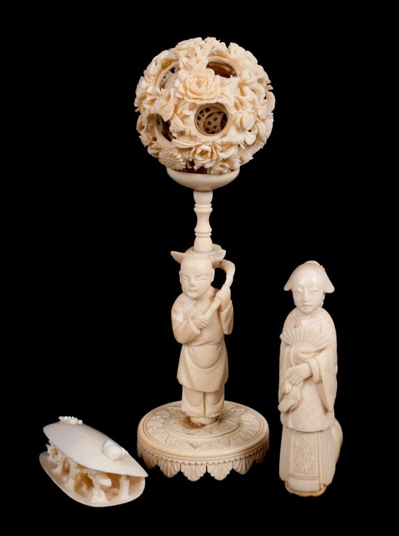 Three Oriental Carved Ivory Objects