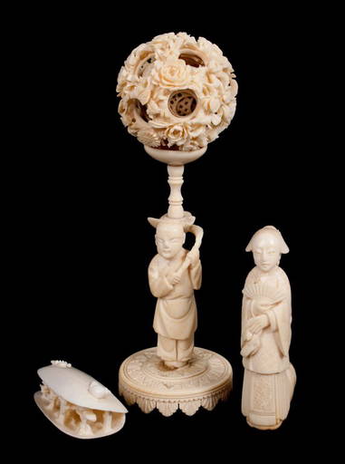 Three Oriental Carved Ivory Objects