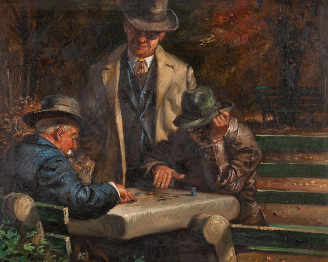 Joseph Sheppard. Checker Players, Oil On Board
