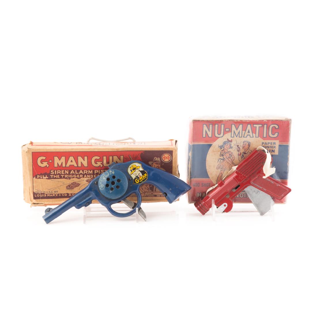 Marx G Man Siren Pistol, Nu Matic Paper Buster Gun