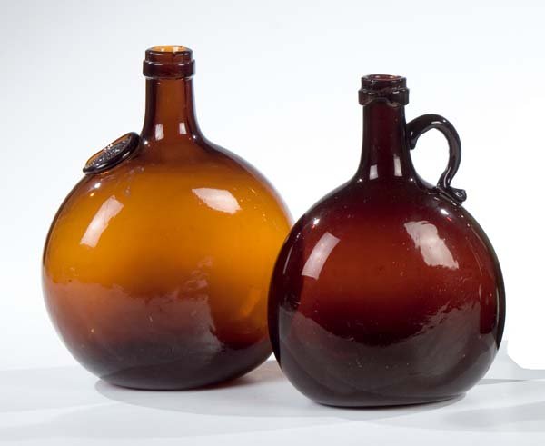 87: 2 Bocksbeutel Franconia Glass Wine Bottles Antique