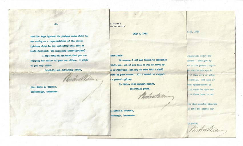 3 Woodrow Wilson Signed Letters