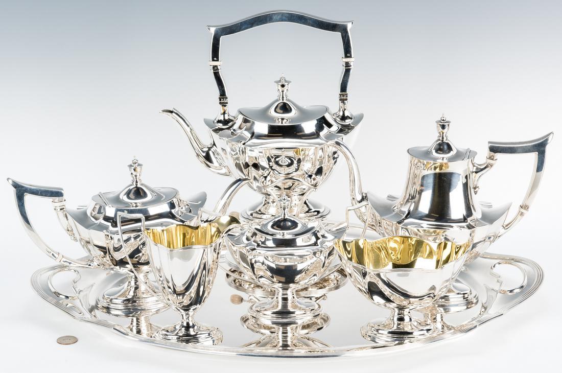 Gorham 7 Pc Tea Set W/ Sterling Tray, Plymouth Pattern